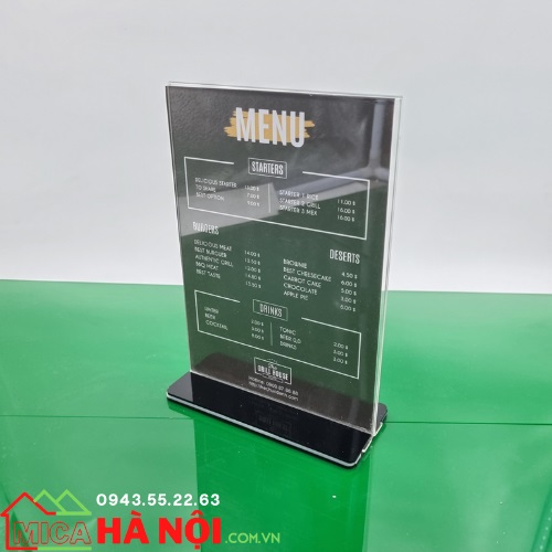 Menu Mica A5 Chữ T Để Bàn | Kệ menu mica A5 giá rẻ